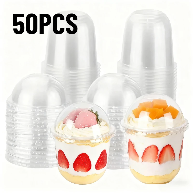 50PCS Disposable Transparent Plastic Cups with Lids Pudding Dessert ...