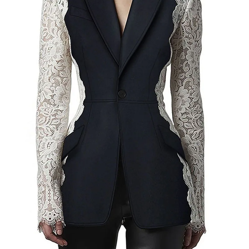 Splicing Colors Lace Women Suit Blazer Black Jacket 1 Piece Elegant F ...