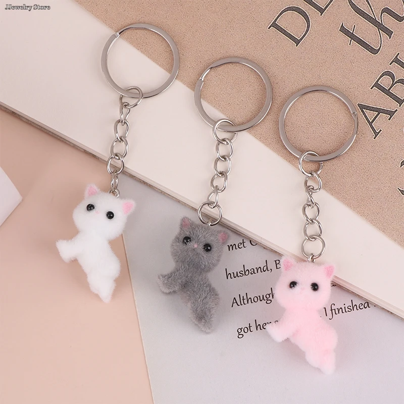 3D-Cartoon-Flocking-Lying-Cat-Keychain-Cute-Lying-Down-Kitten-Animal-Keyring-Pendant-DIY ...