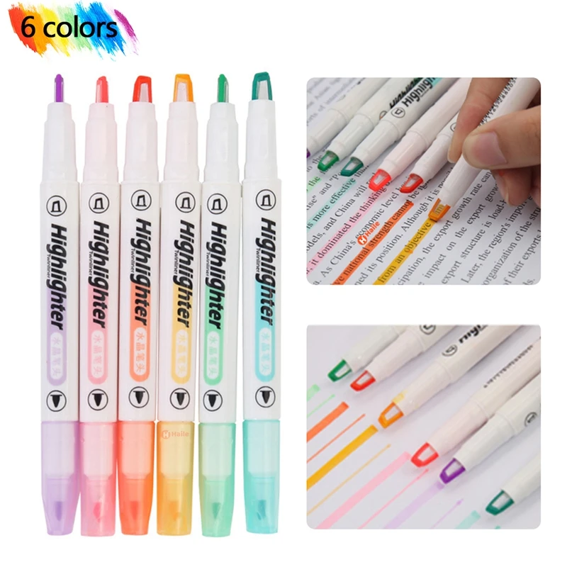 Haile 6pcs/set Double Tip Highlighter Pens Macaron Color Manga Markers Midliner Pastel ...
