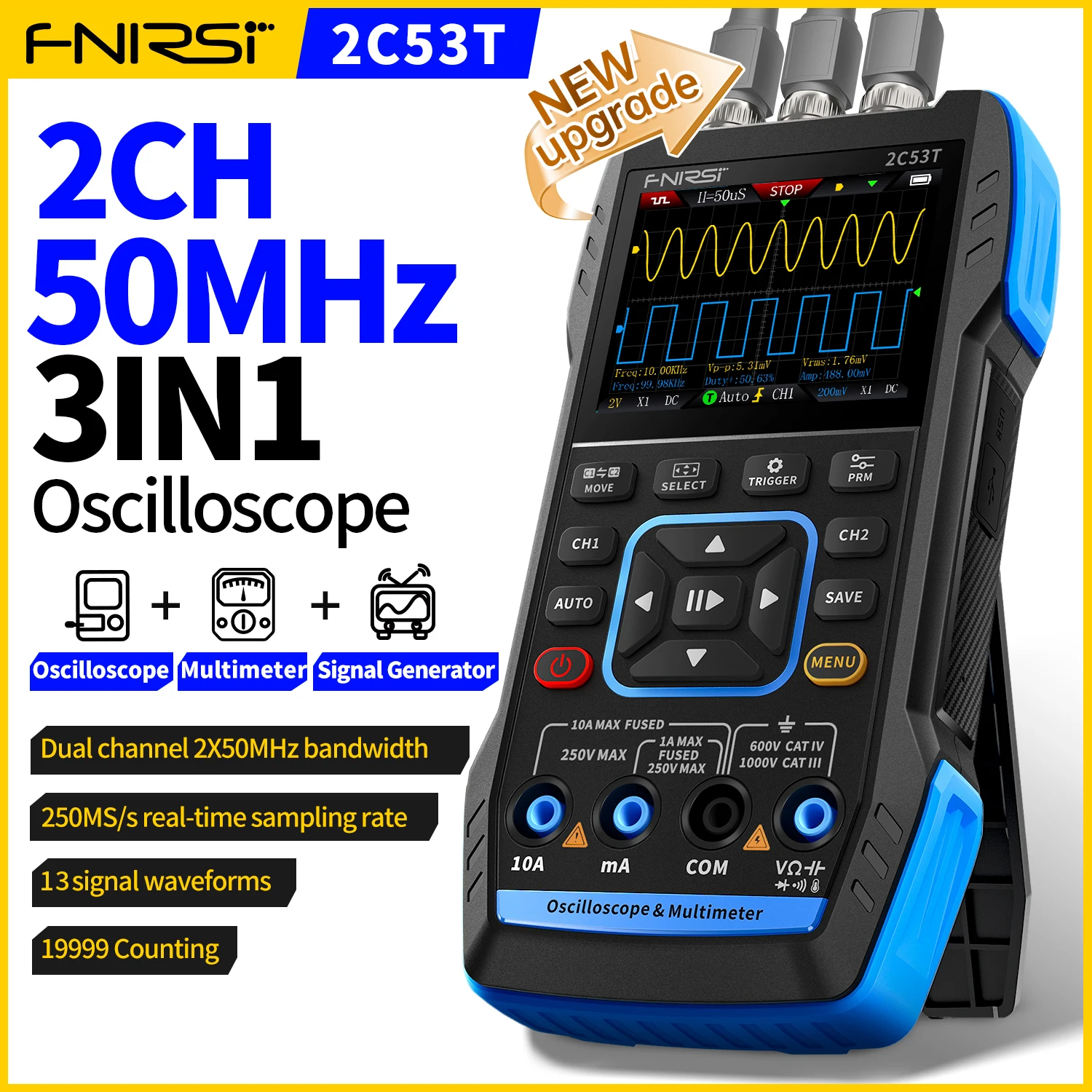 FNIRSI-2C53T-Portable-Digital-Oscilloscope-Multimeter-Signal-Generator-3in1-50MHz-Bandwidth ...