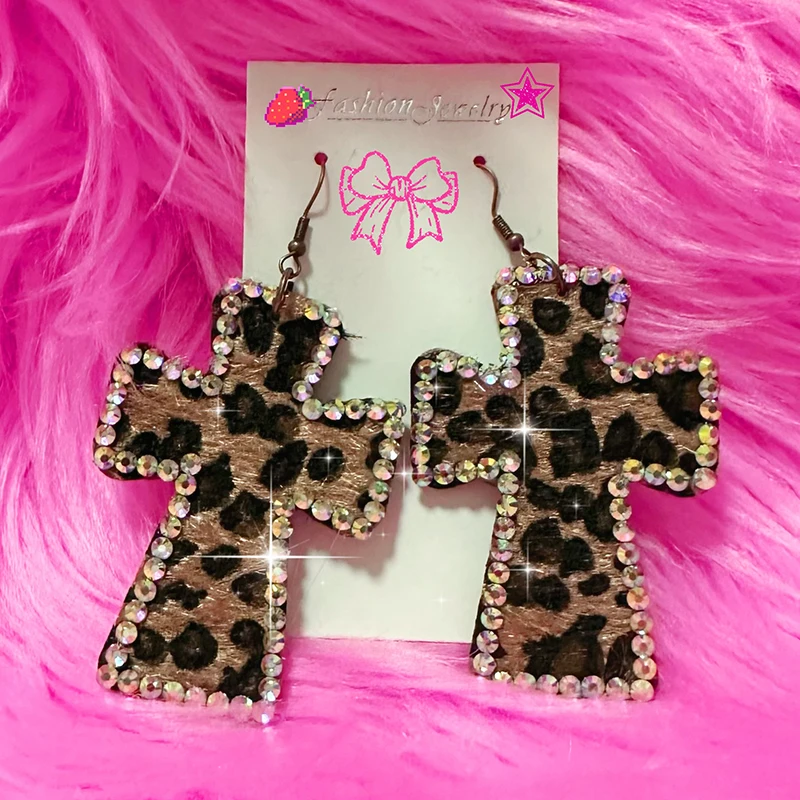 Y2K-Shiny-Crystal-Pink-Leopard-Print-Cross-Earrings-Sexy-Charm-Earring ...