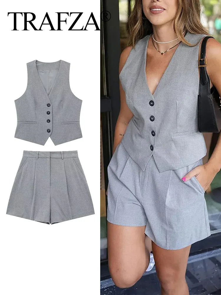 TRAFZA-Women-Summer-Shorts-Suit-Casual-V-neck-Single-Breasted ...