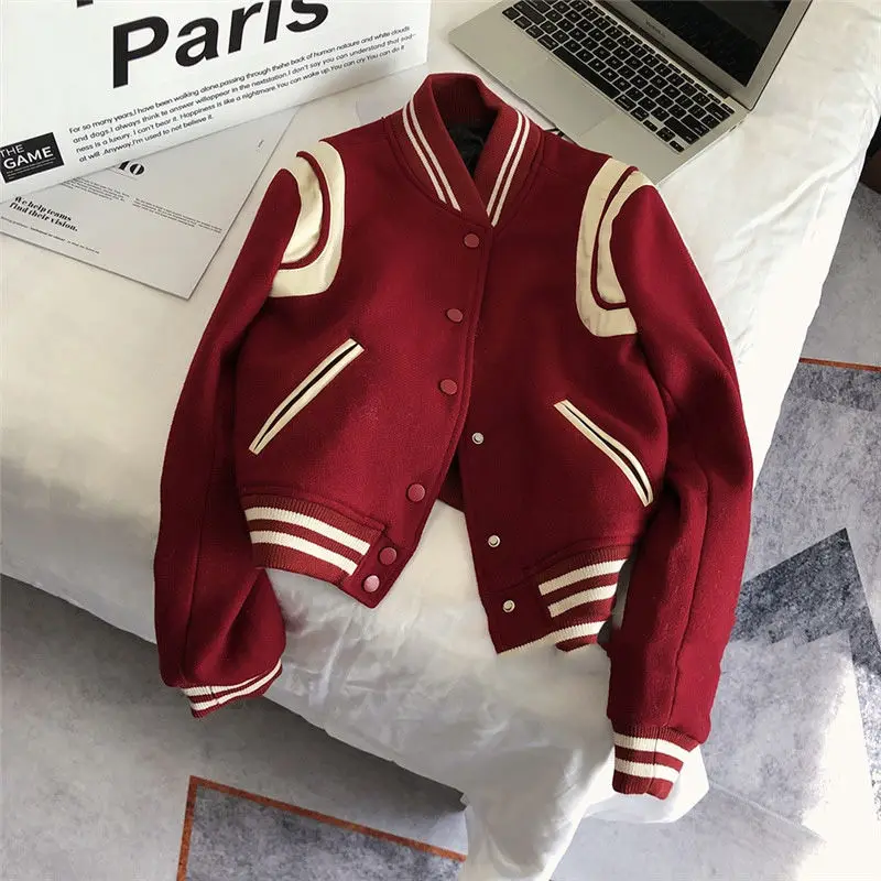 Streetwear Red Bomber Jacket Women Sweatshirt Baseball Jersey Stand ...