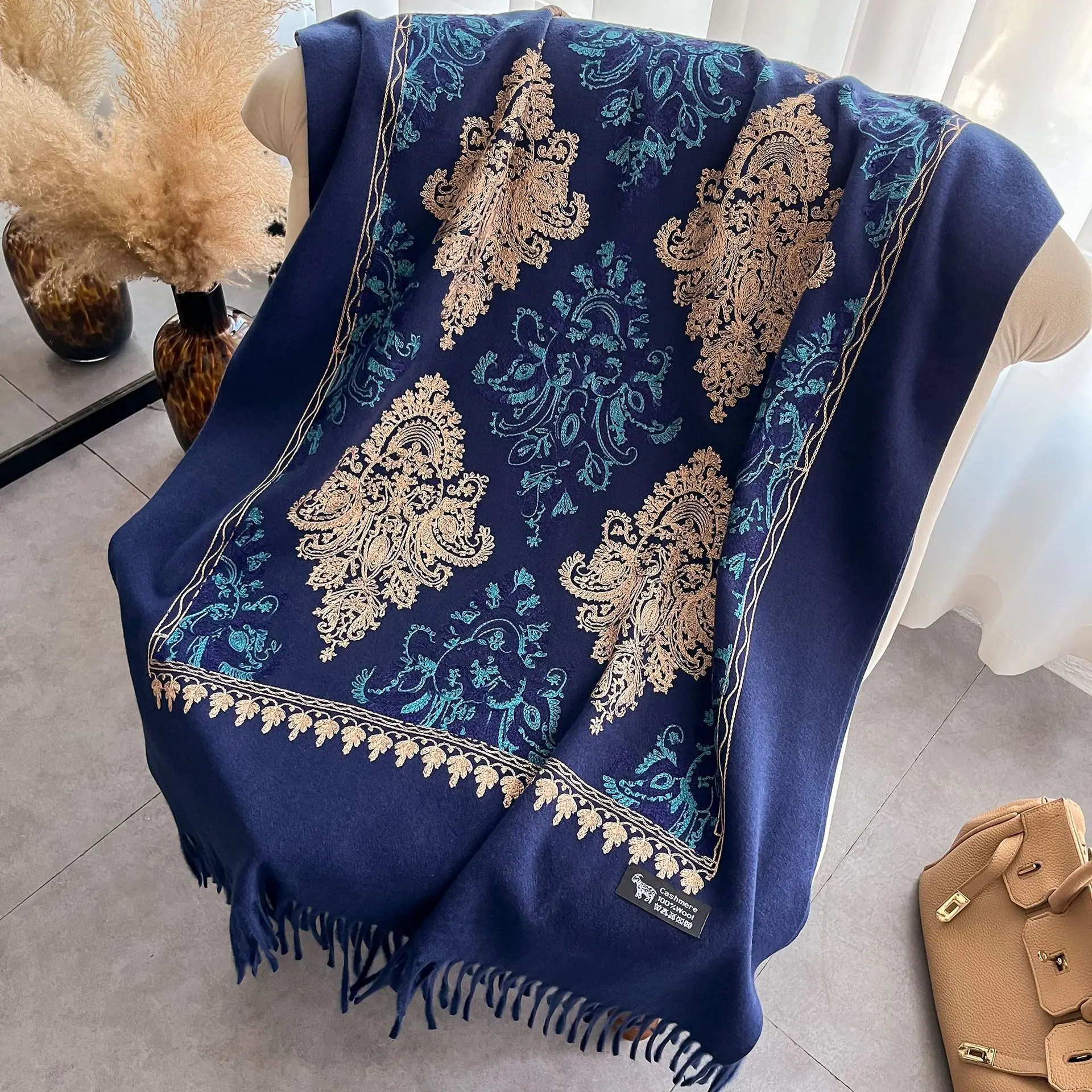 Navy Blue Scarf Print Flower Bufanda Mujer Cashmere Blend Tassels ...
