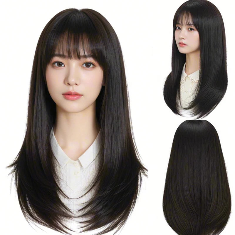 Peruca reta longa preta com franja para mulheres, cabelo sintético ...
