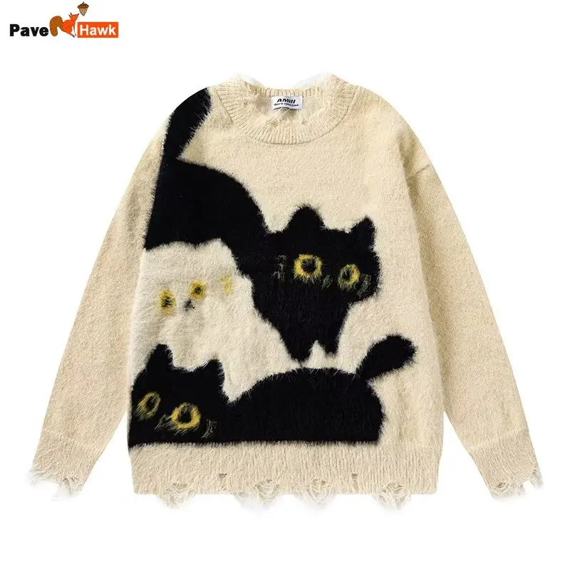 Autumn Cat Pattern Trendy Sweaters Mens Retro Round Neck Color Blocking ...