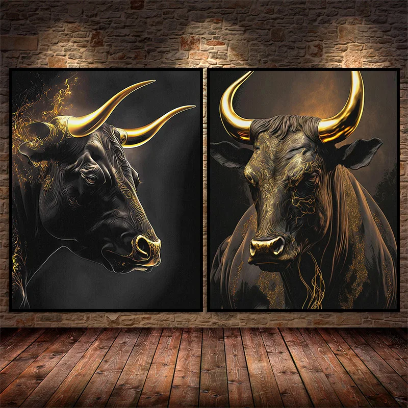 Retro Golden Style Bull Trader Stock Market Bull Art Poster Canvas ...