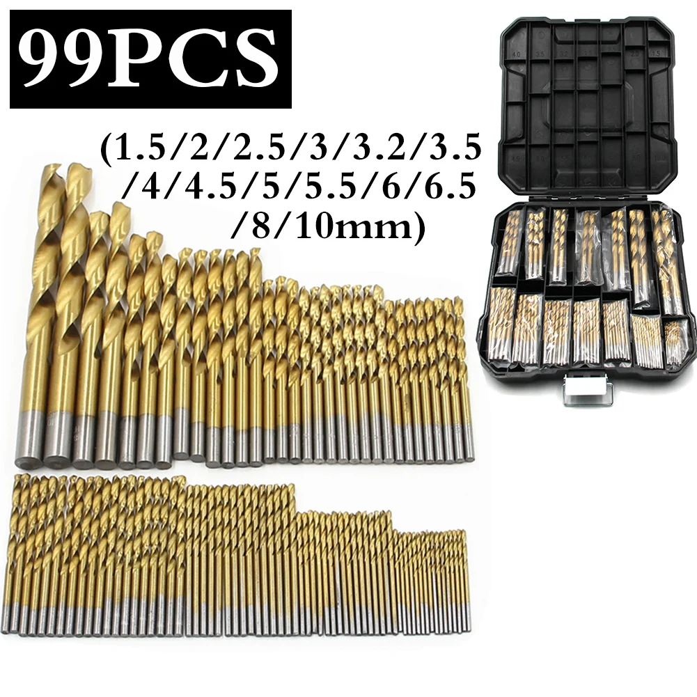 99Pcs 1.5mm - 10mm Titanium Coated Drill Bits HSS High Speed Steel ...