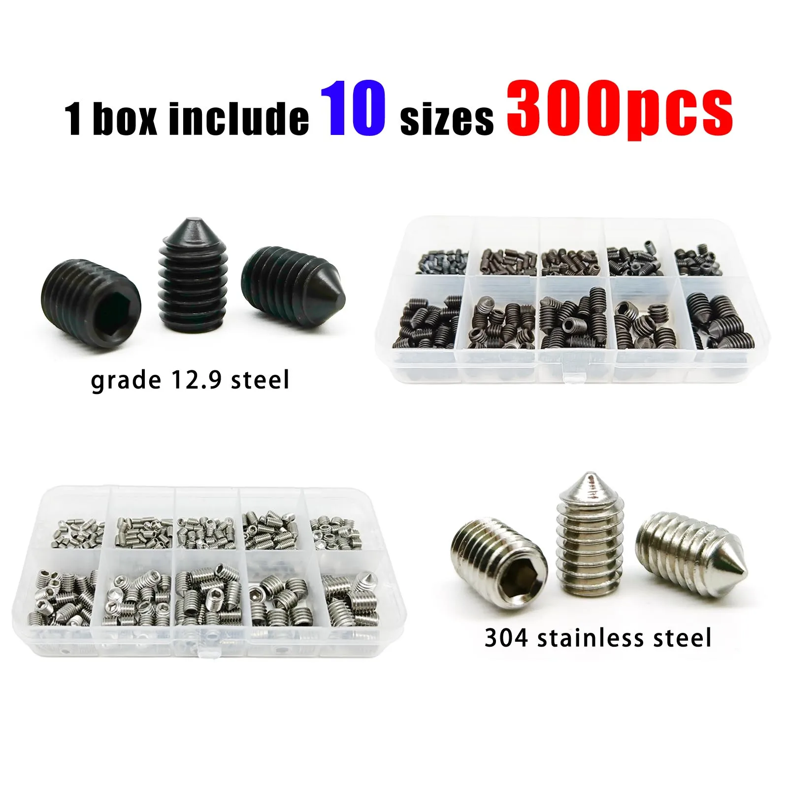 300pcs-Mix-M3-M4-M5-M6-M8-Kit-Hex-Hexagon-Socket-Tapered-End-Grub-Bolt ...