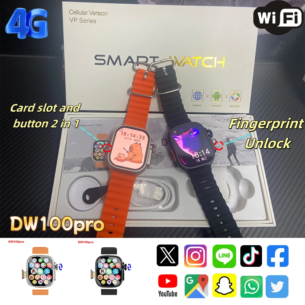 DW100pro Smartwatch Ultra Fingerprint Unlock Cellular 4G Android SIM ...
