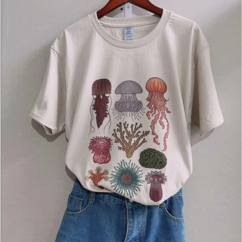Camiseta-de-algod-n-de-medusas-y-mariscos-para-mujer-ropa-Vintage ...