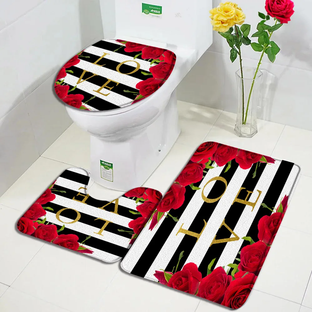 Red-Rose-Bath-Mat-Set-Natural-Flowers-Plant-Black-and-White-Stripes ...