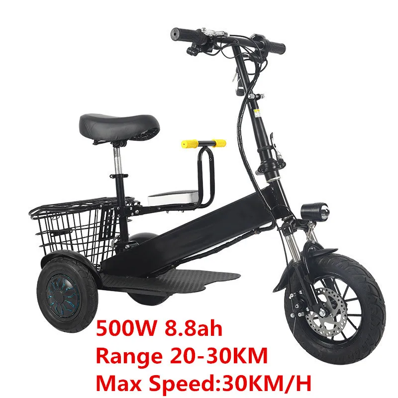 Mini triciclo eléctrico plegable, Scooter portátil de 3 ruedas, 36V, 500W, 20 30KM, 8,8 Ah, para ...