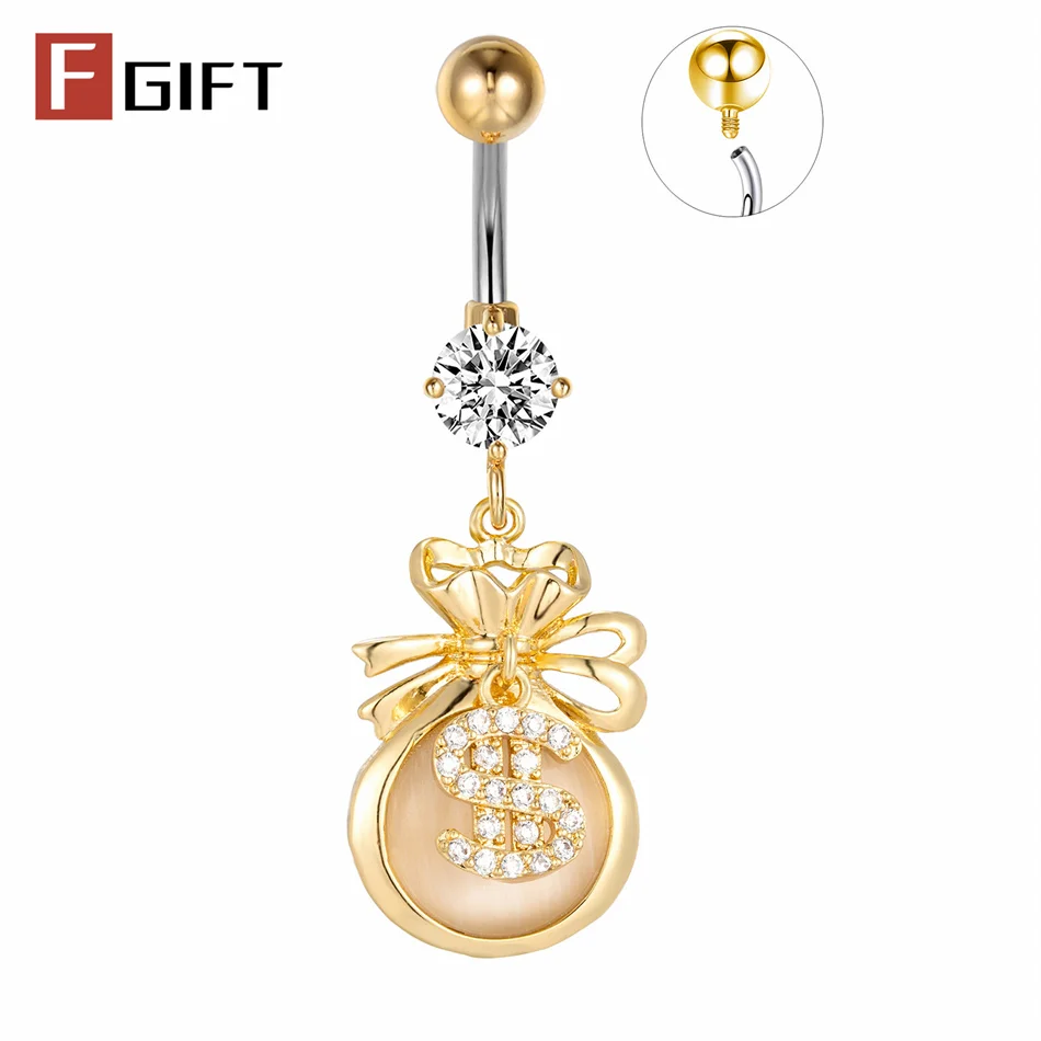 Lucky Money Bag Dangling Belly Button Ring Crystal $ Dollar Symbol ...