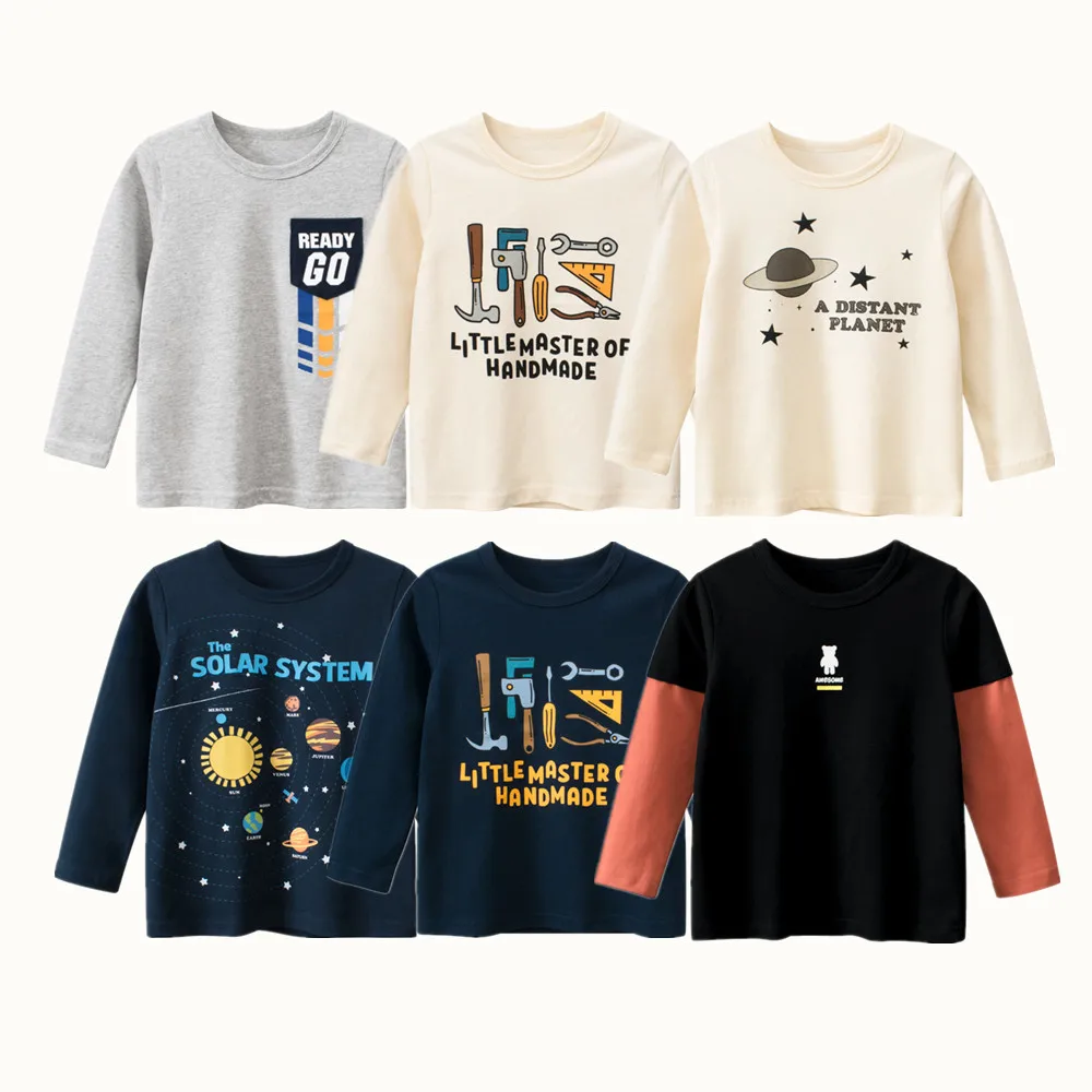 2024-Autumn-Kids-Space-Planet-Cartoon-T-Shirts-Clothes-100-Cotton-Long ...