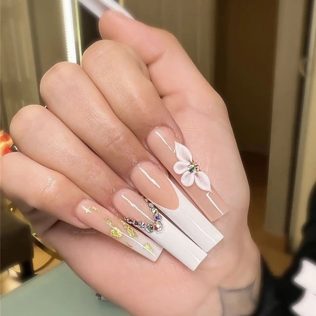 White French Tip Nail Designs With Rhinestones