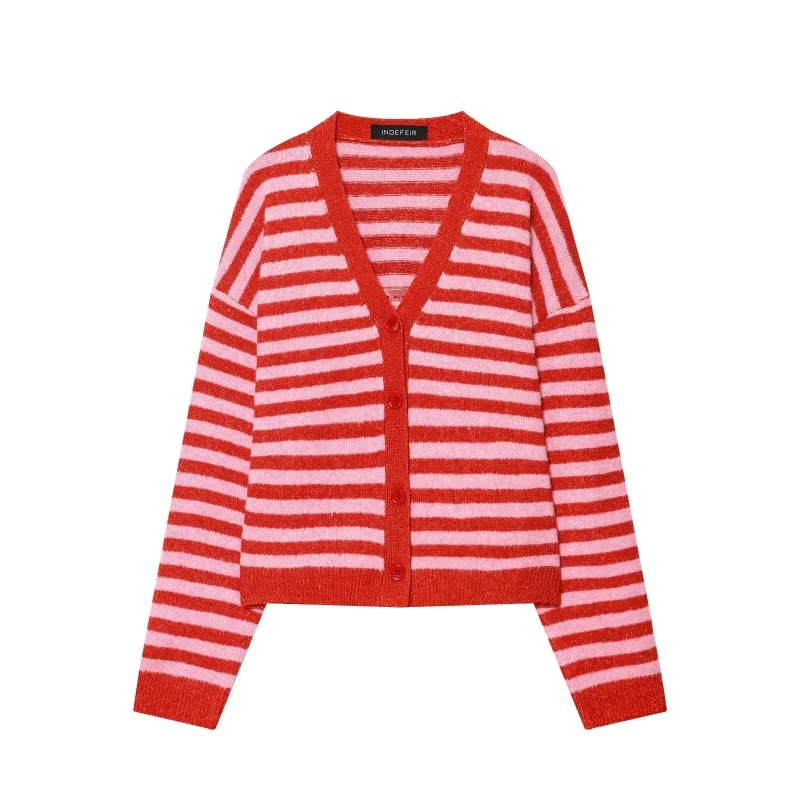 Autumn V-Neck Striped Long Sleeve Single Breasted Knitted Cardigan ...