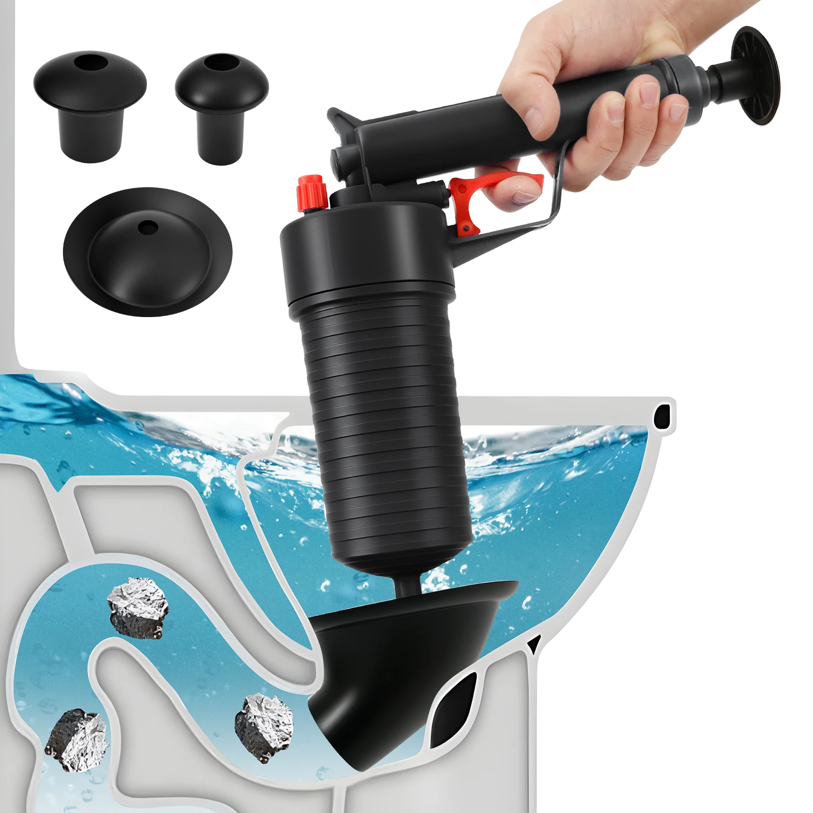 Toilet Plunger Set with 4 Unclogging Heads Efficient Air Plunger ...