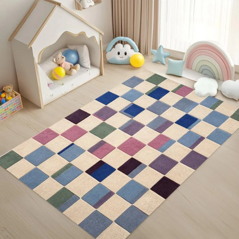 Pastel Checkerboard Pattern Carpet Bedroom Room Bed Blanket Living Room ...