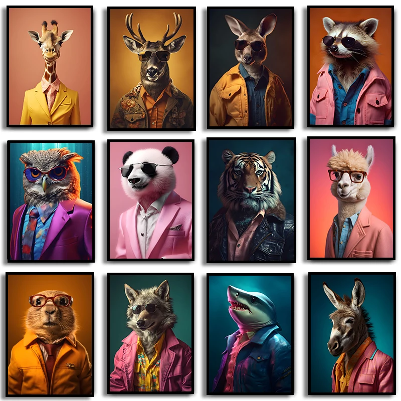 Fashion-80S-Style-Animals-in-A-Suit-Canvas-Paintings-Wolf-Owl-Tiger ...
