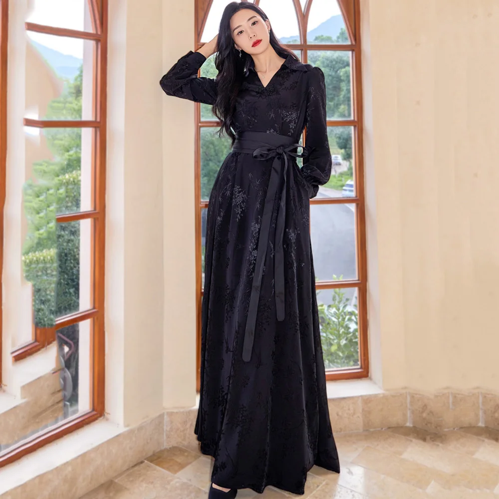 New-Women-Spring-Summer-Black-Floor-Length-Dress-Fashion-Exquisite-V-Neck-Long-Sleeve-Slim-Waist.jpg