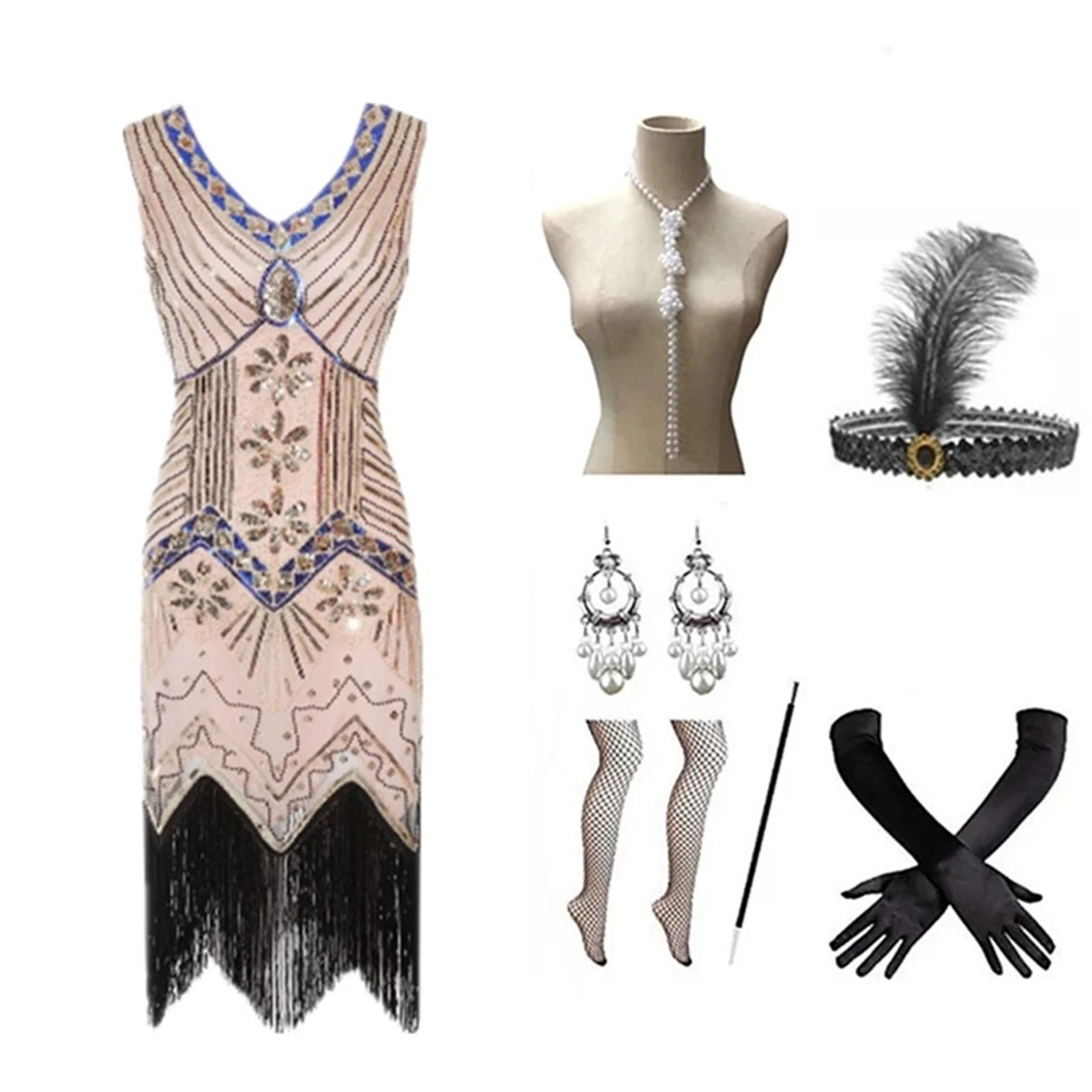 Vestido estilo flapper vintage de los años 20 con escote en V y doble ...