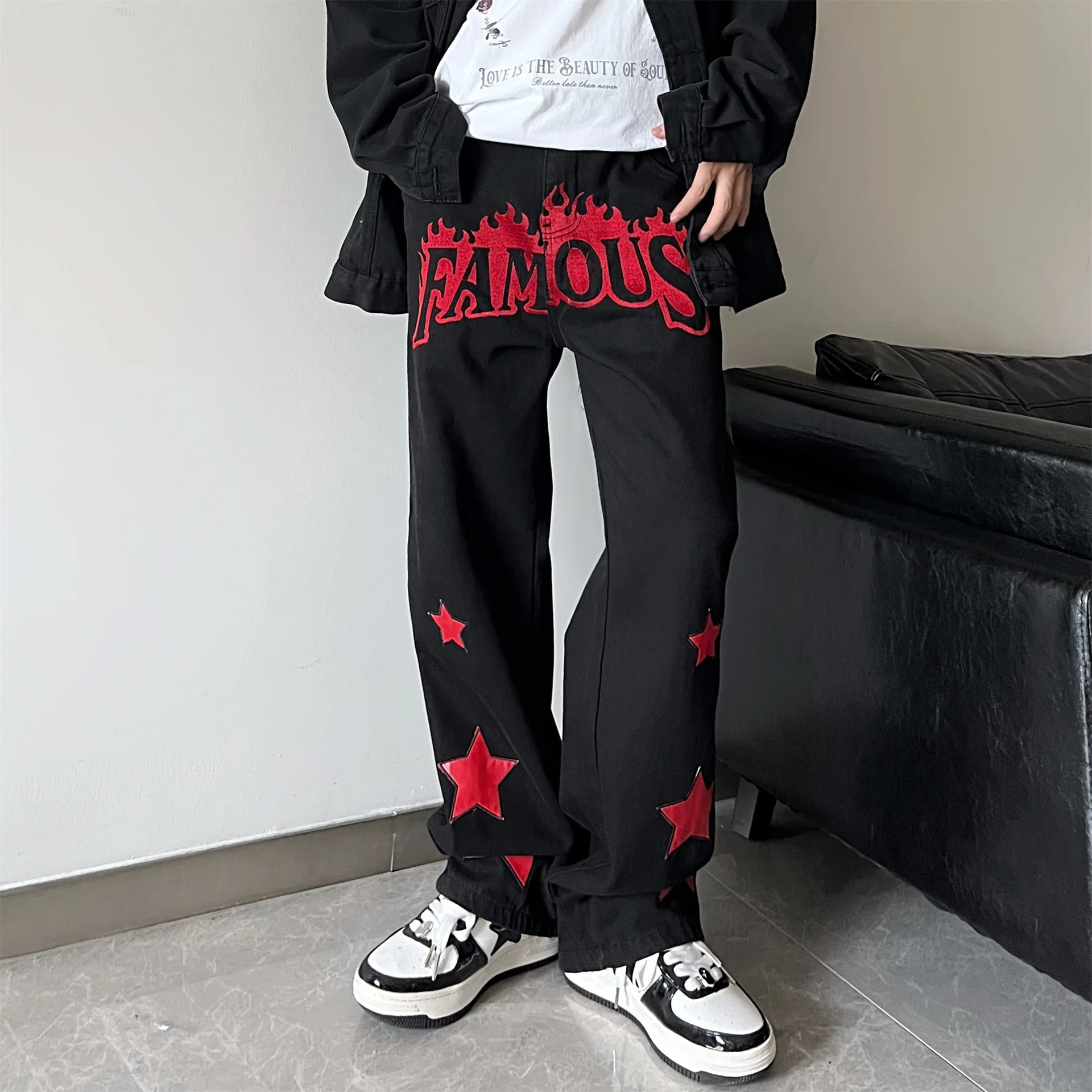 HOUZHOU Y2K Jeans Men Embroidery Denim Pants Star Red Print Black ...