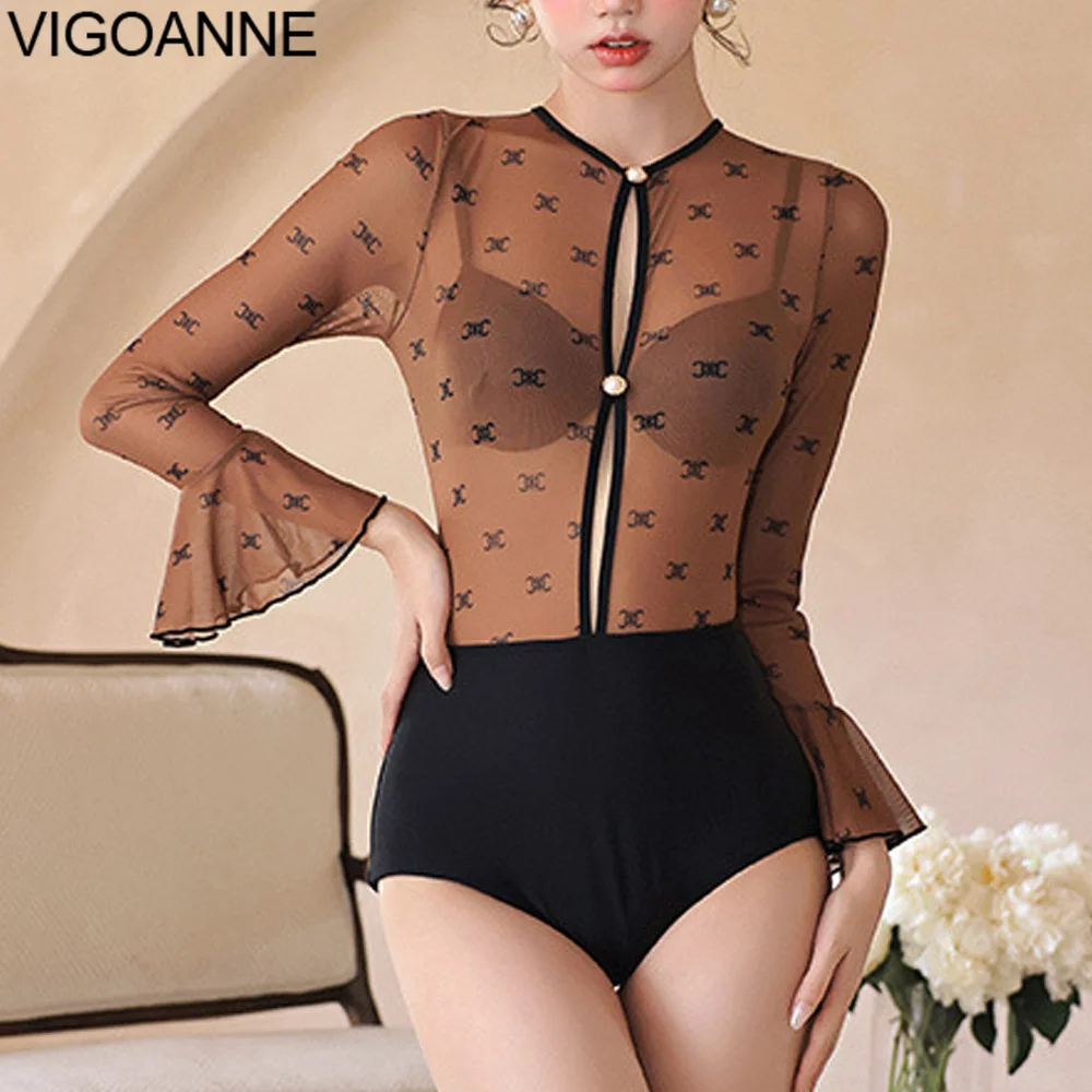 Vigoanne 2 Piece Patchwork Mesh Swimwear Women 2023 Long Sleeve Push Up