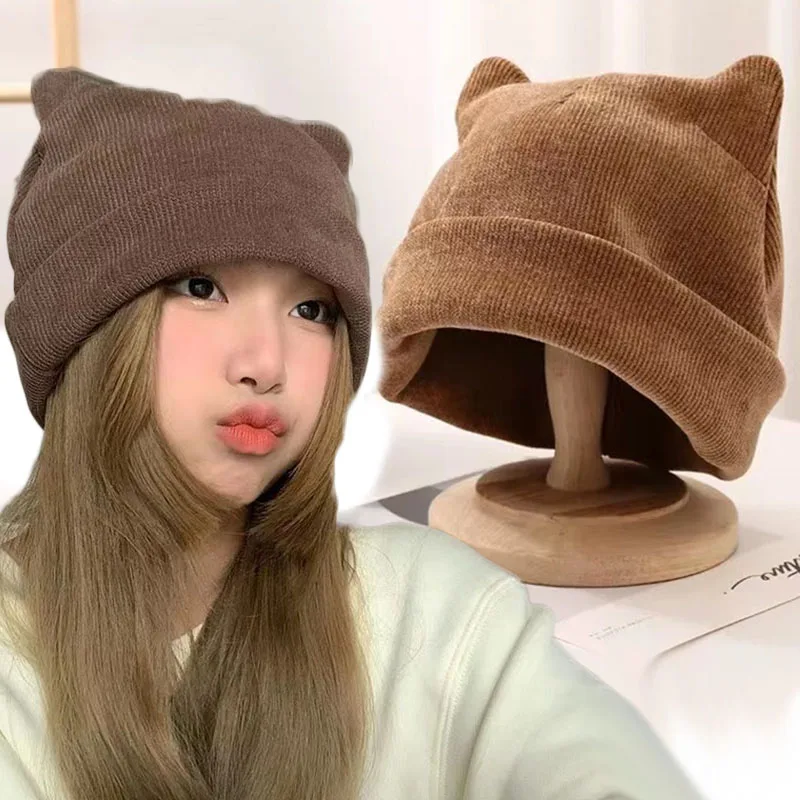 남녀공용 귀여운 고양이 귀 모자 겨울 스컬리 비니 따뜻한 코듀로이 모자 패션 디자인 캐주얼 울 모자 힙합 유니섹스 모자