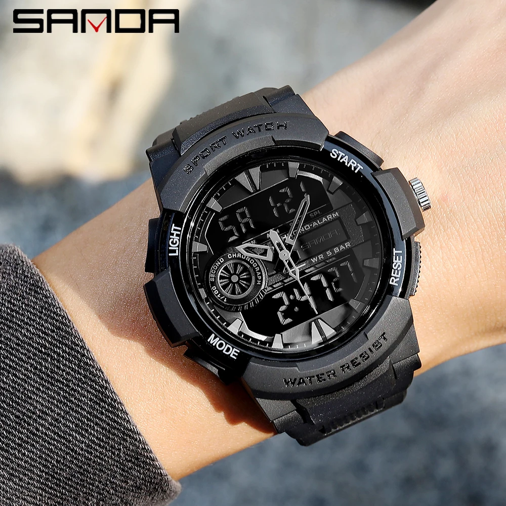 SANDA-Watches-For-Men-50M-Waterproof-Clock-Alarm-Dual-Display ...
