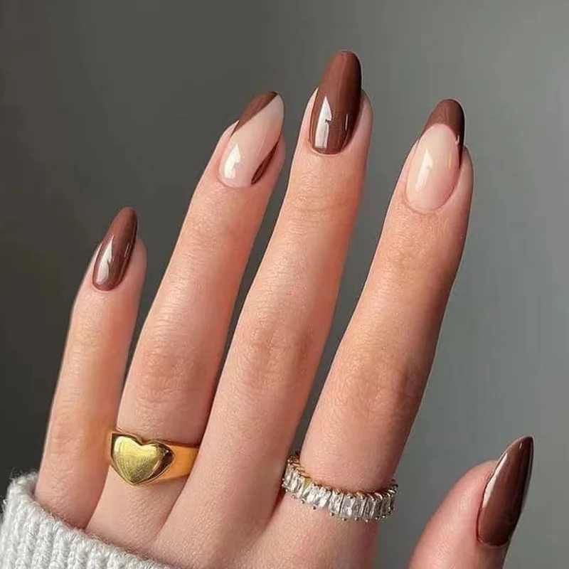 24 Pcs Brown and Curry Press on Nails for Beautiful Gluing French False ...