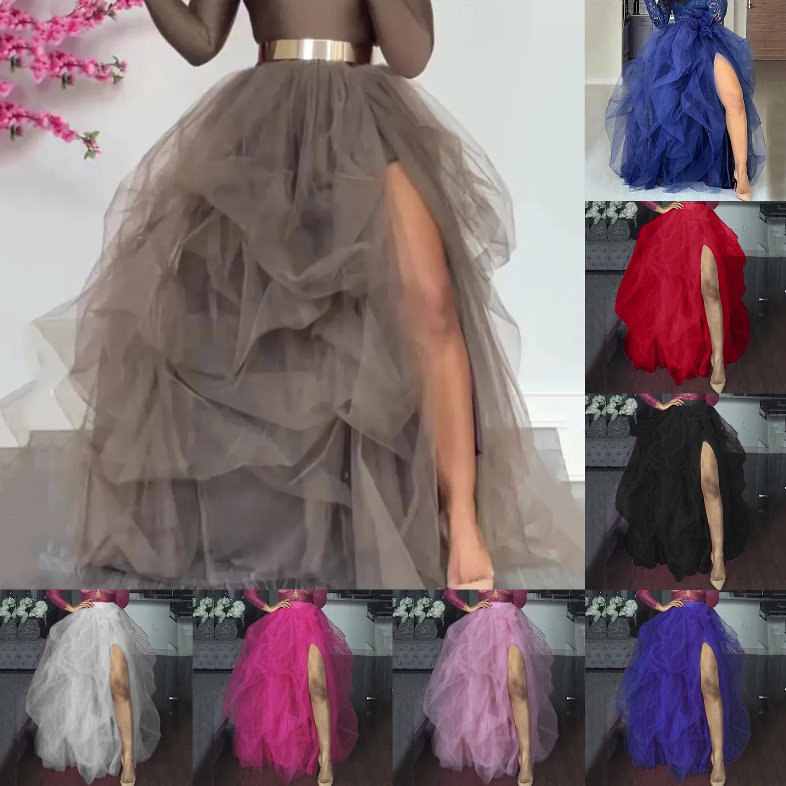 Women-Sexy-Tulle-Skirts-Elastic-Waist-High-Slit-Layered-Puffy-Skirt ...