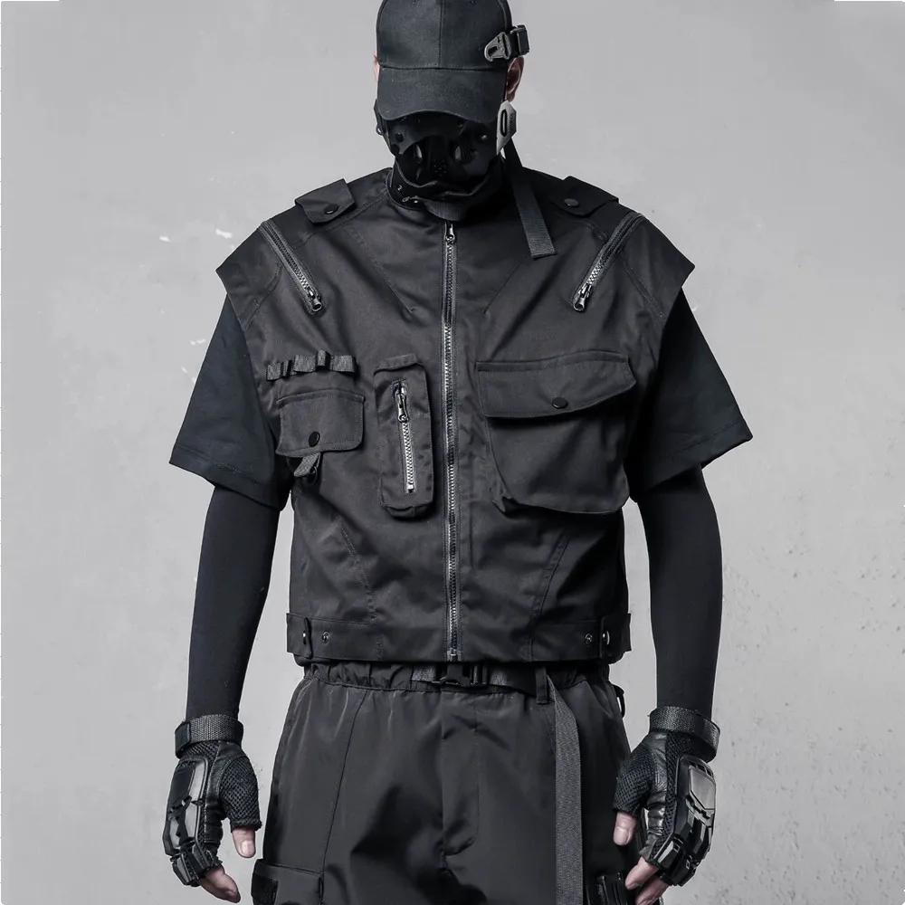 Multi Pockets Techwear Tactical Cargo Vest Man Hip Hop Punk Short ...