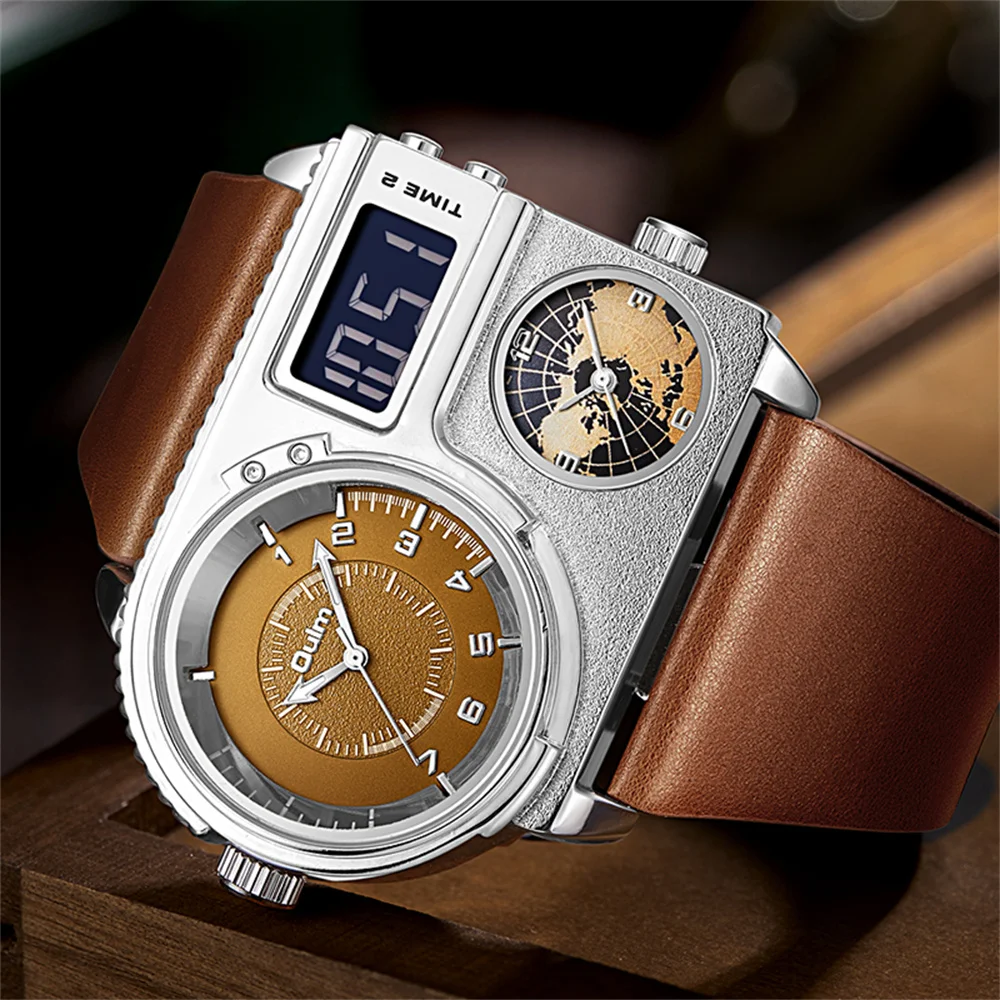 Oulm Reloj de pulsera de cuero genuino para hombre, cronógrafo de ...
