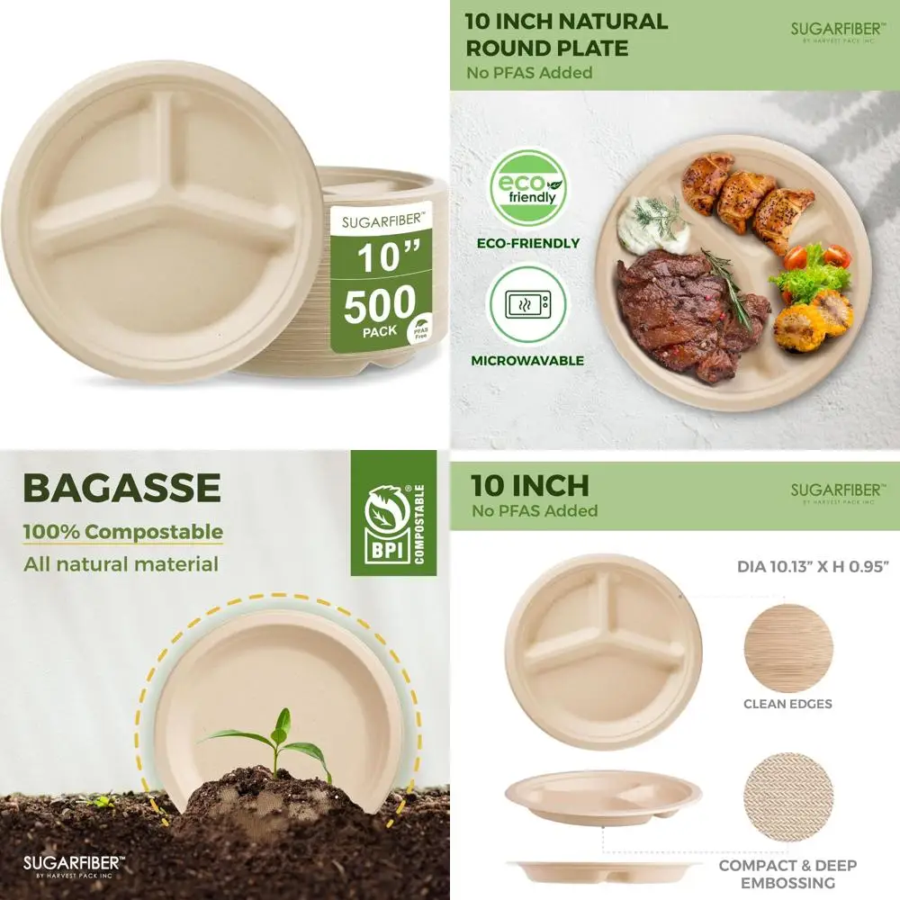 Eco-Friendly 10-inch Compostable 3-Compartment Paper Plates, Round ...