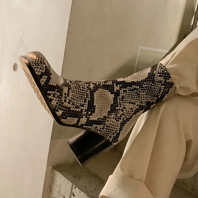 Snake Print Chunky Heel Ankle Boots Apricot Leather Square Toe Heel Botines Black Commuter ...