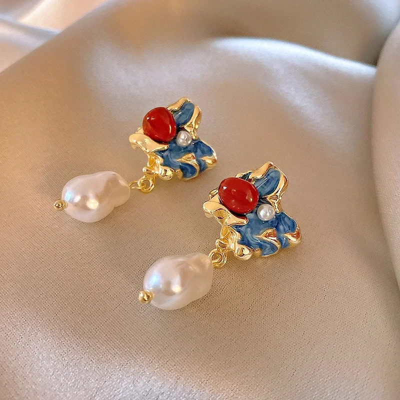 Vintage Drop Oil Irregular Pearl Earrings for Women Temperament ...