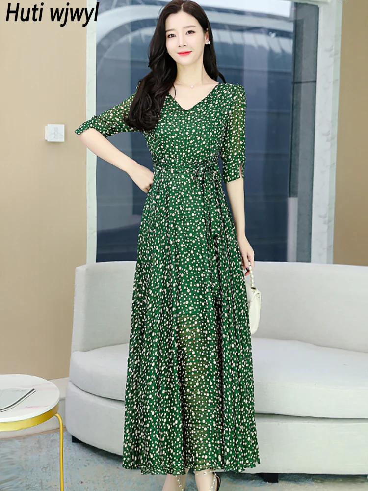 Summer Green Print Polka Dot Chiffon Maxi Dress Women Casual Vacation ...