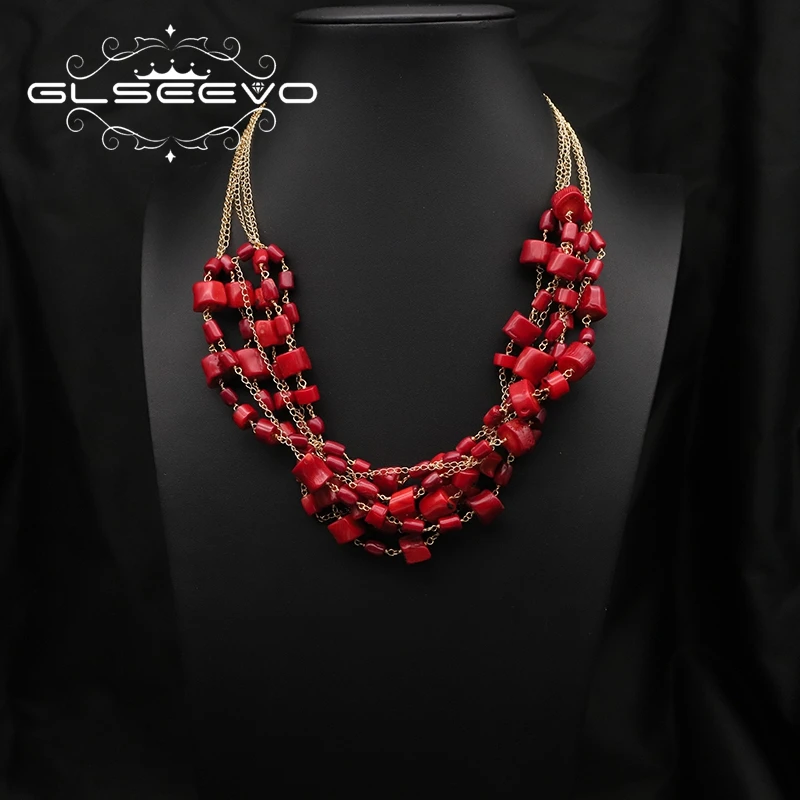 GLSEEVO Multi-layered Red Coral Chain Necklace For Woman Vintage ...