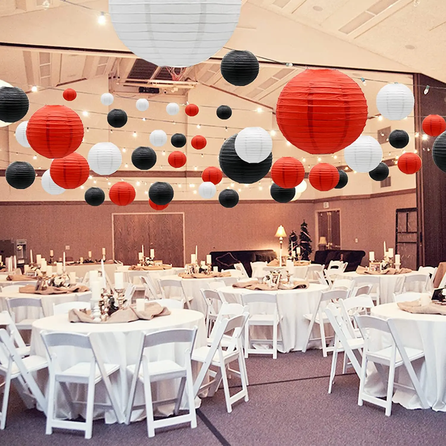 Paper Lanterns Decorations, Red Black White Round Hanging Lantern For ...