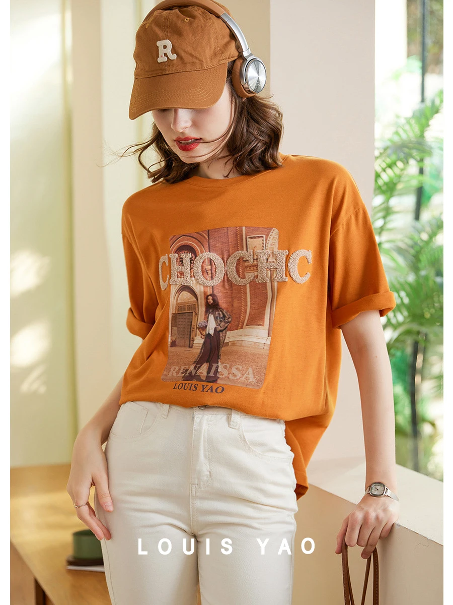 LOUIS-YAO-Women-T-shirt-2024-Summer-New-100-Cotton-Tee-O-Neck-Short ...