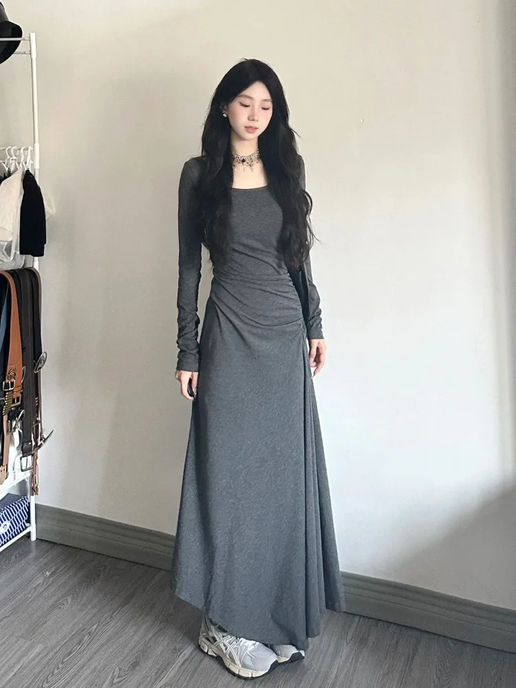 HOUZHOU-Long-Sleeve-Ruched-Maxi-Dress-Women-Elegant-Square-Neck-Korean ...