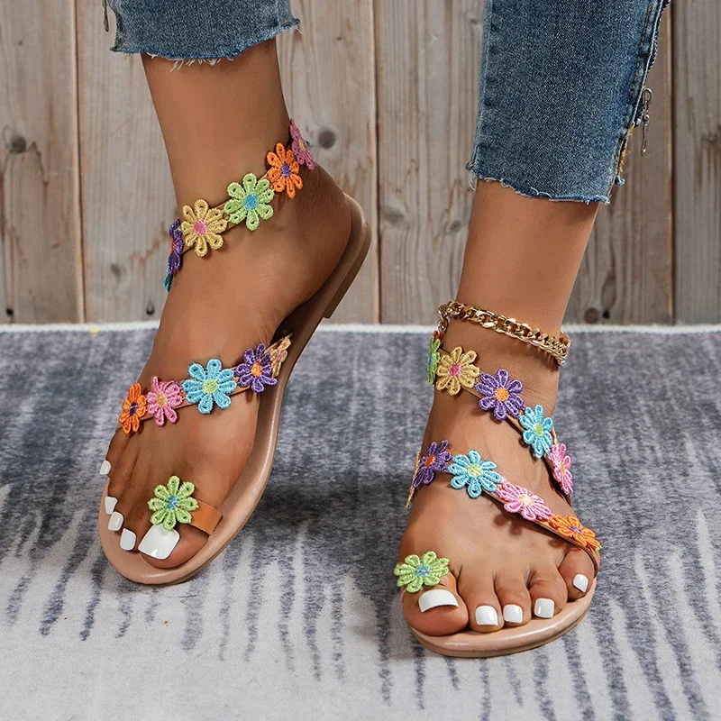 Summer New Women Sandals Flower Flat Sandals Bohemian Lightweight ...