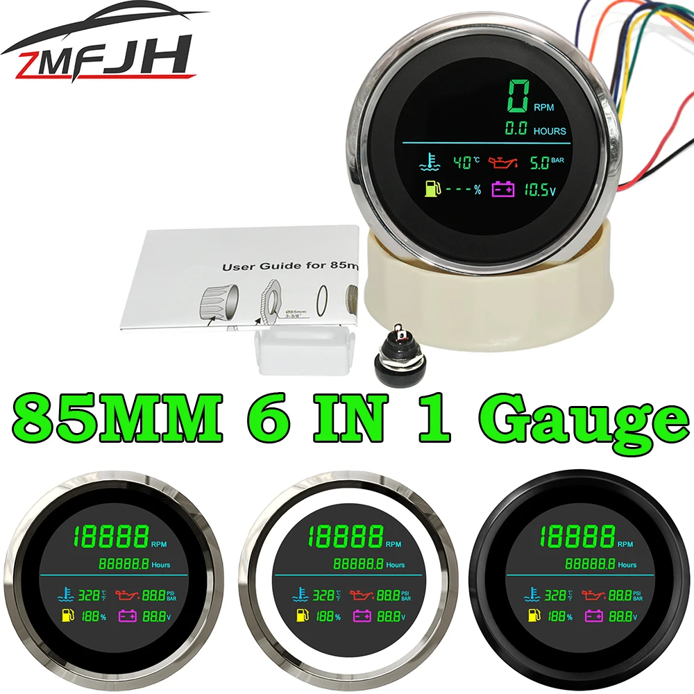 New-6-In-1-Multi-Function-Tachometer-Gauges-85mm-LCD-Fuel-Gauge-Water ...