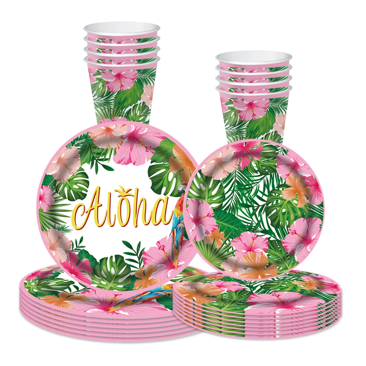 8pcs-Hawaiian-Aloha-Theme-Tableware-Sets-Tropical-Plants-Paper-Plates ...