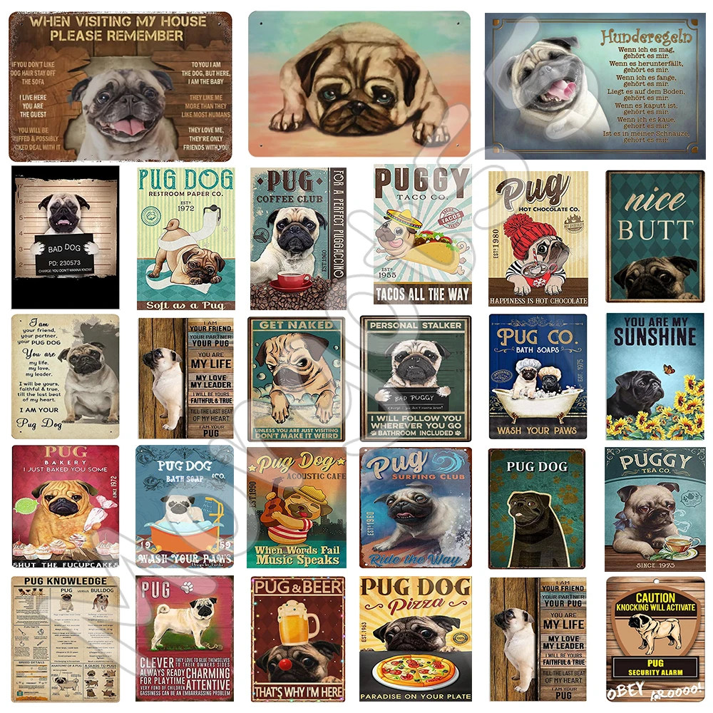 Metal Poster Pug dog Tin Sign Plate Retro Decor Cafe Home Pet Shop ...