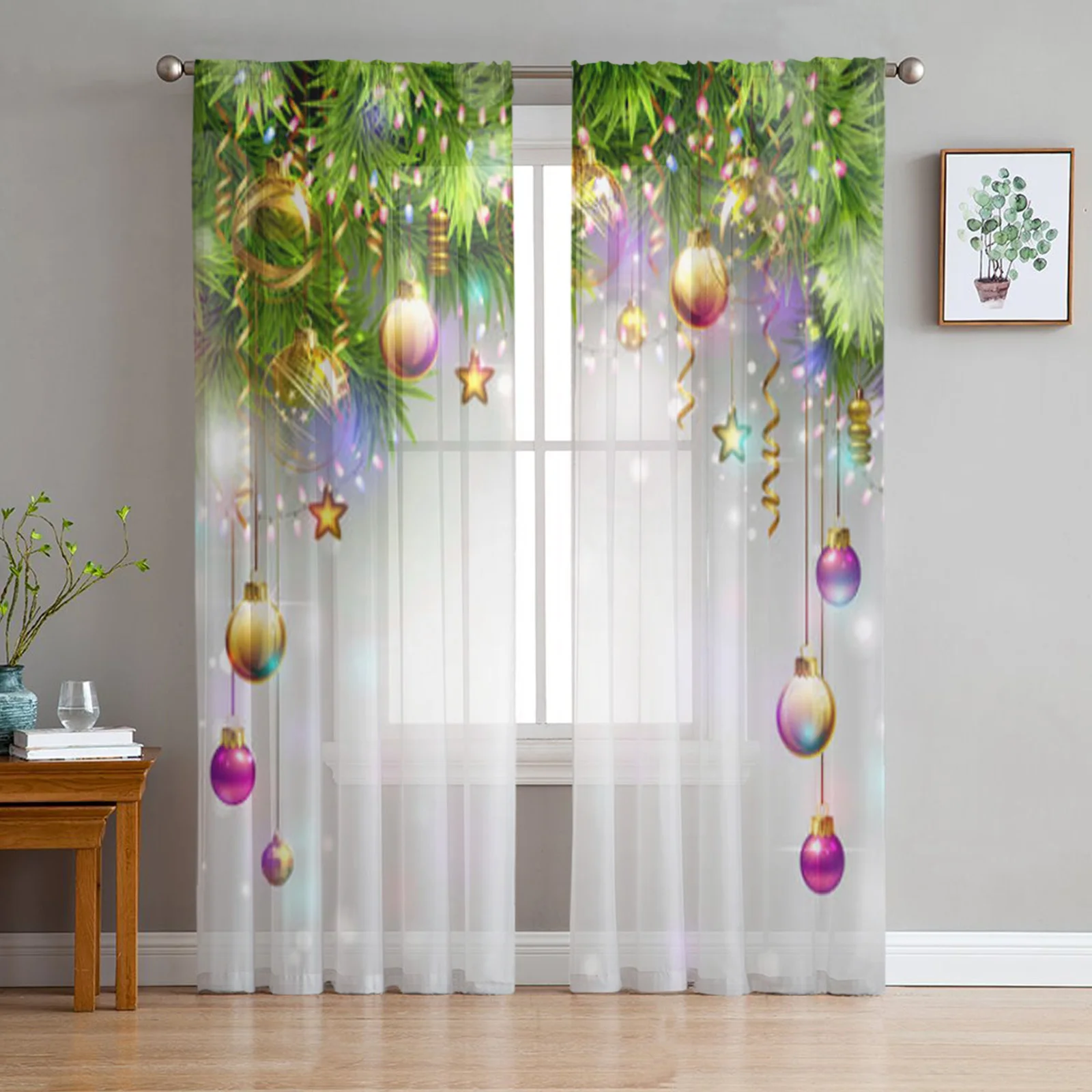 Christmas-Balls-And-Fir-Branches-Tulle-Window-Curtain-For-Living-Room ...