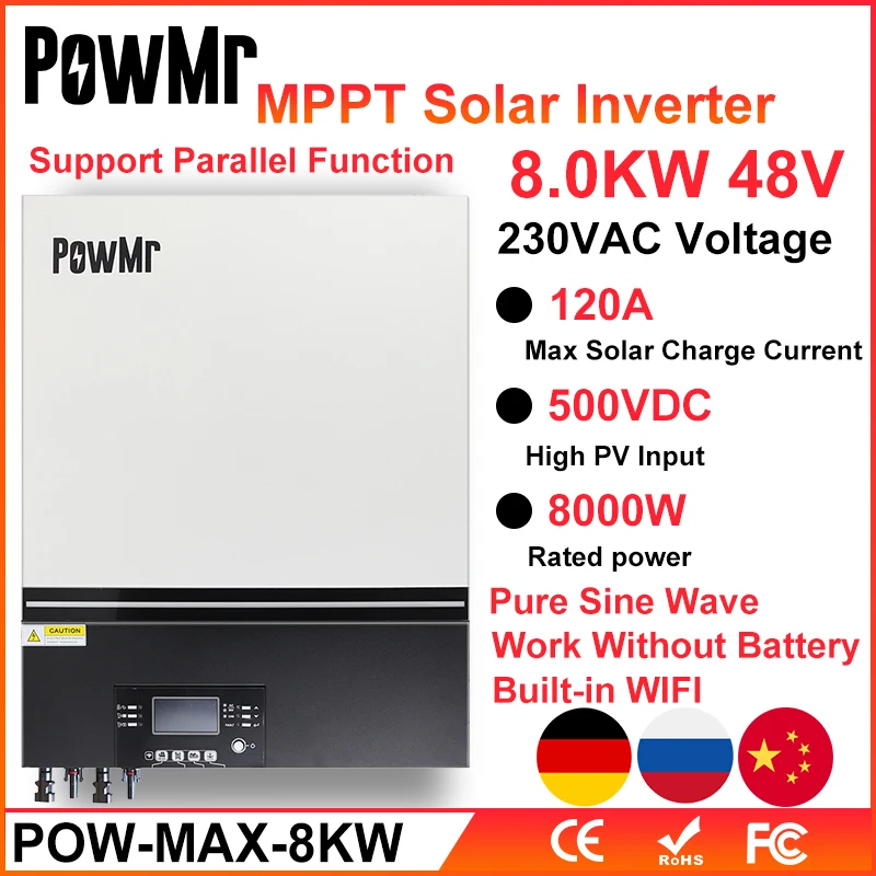 PowMr Soalr Inverter 8000W 230V 48V 500vdc PV Input 80A MPPT Solar Charger Built-in WIFI Pure ...