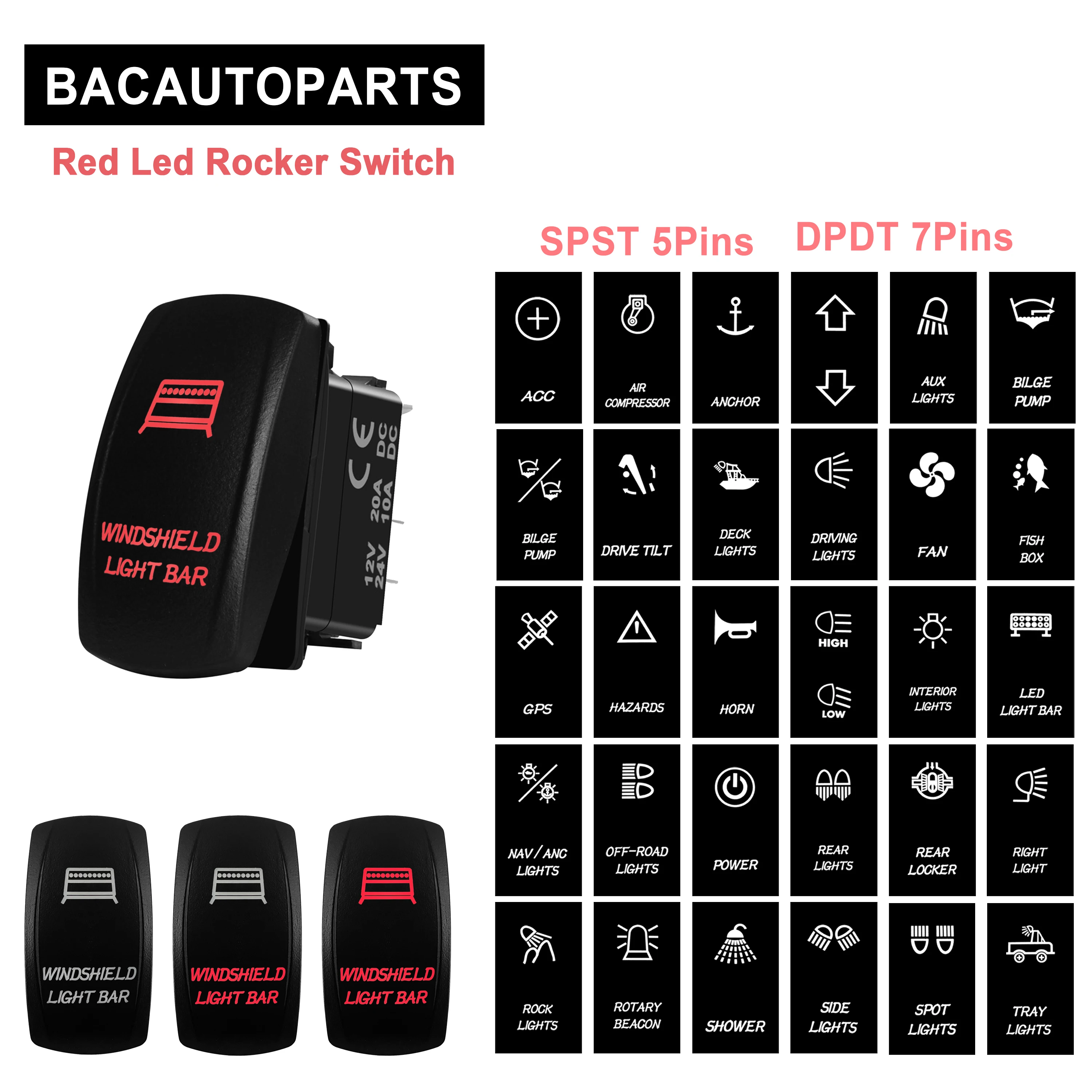 Rocker-Button-Switch-Car-Symbol-Red-Led-Spot-Lights-Led-Light-Bar-5Pin ...